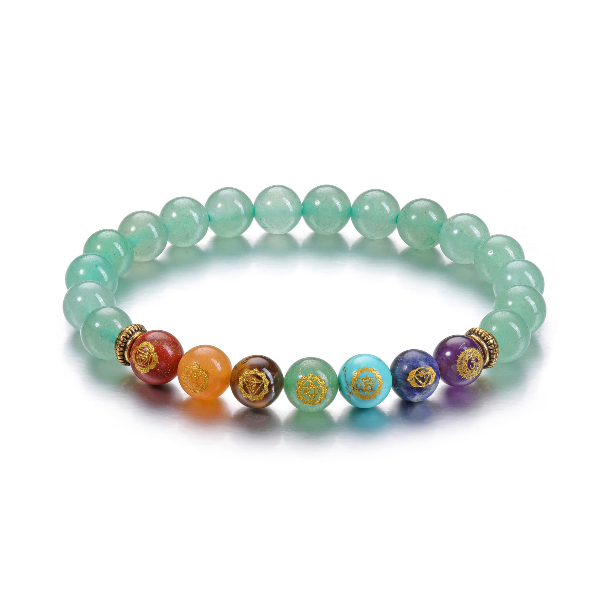 VadiForest Natural 8mm 7 Chakra Stone Crystal Bracelet Reiki Green Aventurine Crystal Gemstone Beads Men Women Stretch Bracelet for Meditation