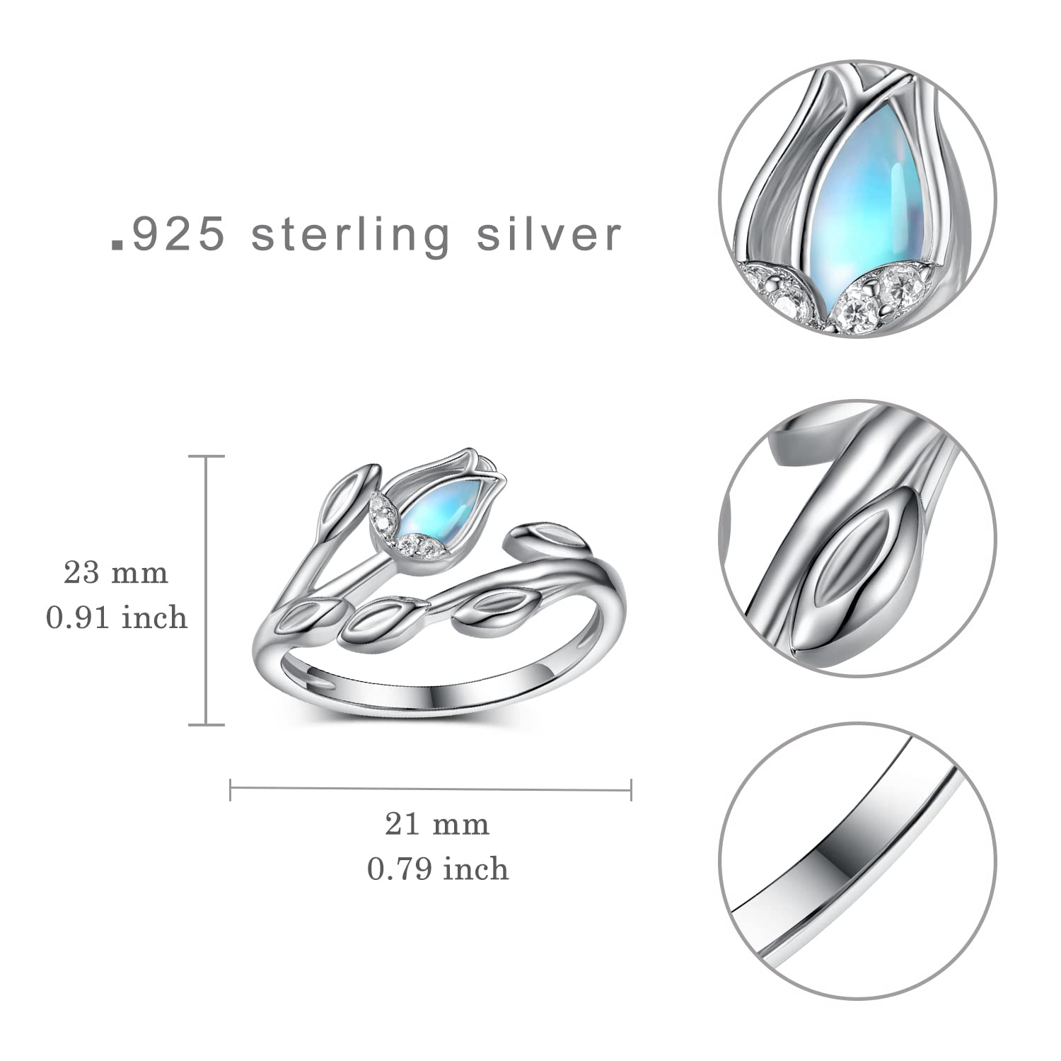 SCZKLAQ Moonstone Flower Rings for Women 925 Sterling Silver Moonstone Rings Adjustable Moonstone Ring Jewelry Gifts for Women