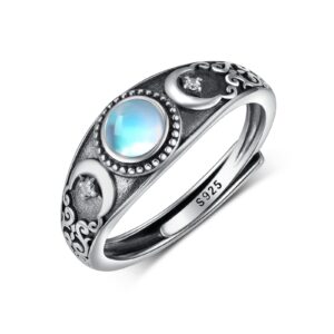 sczklaq triple moon ring for women,925 sterling silver moonstone triple moon ring,moonstone moon phase ring open adjustable moonstone ring wiccan jewelry gift for women men #7