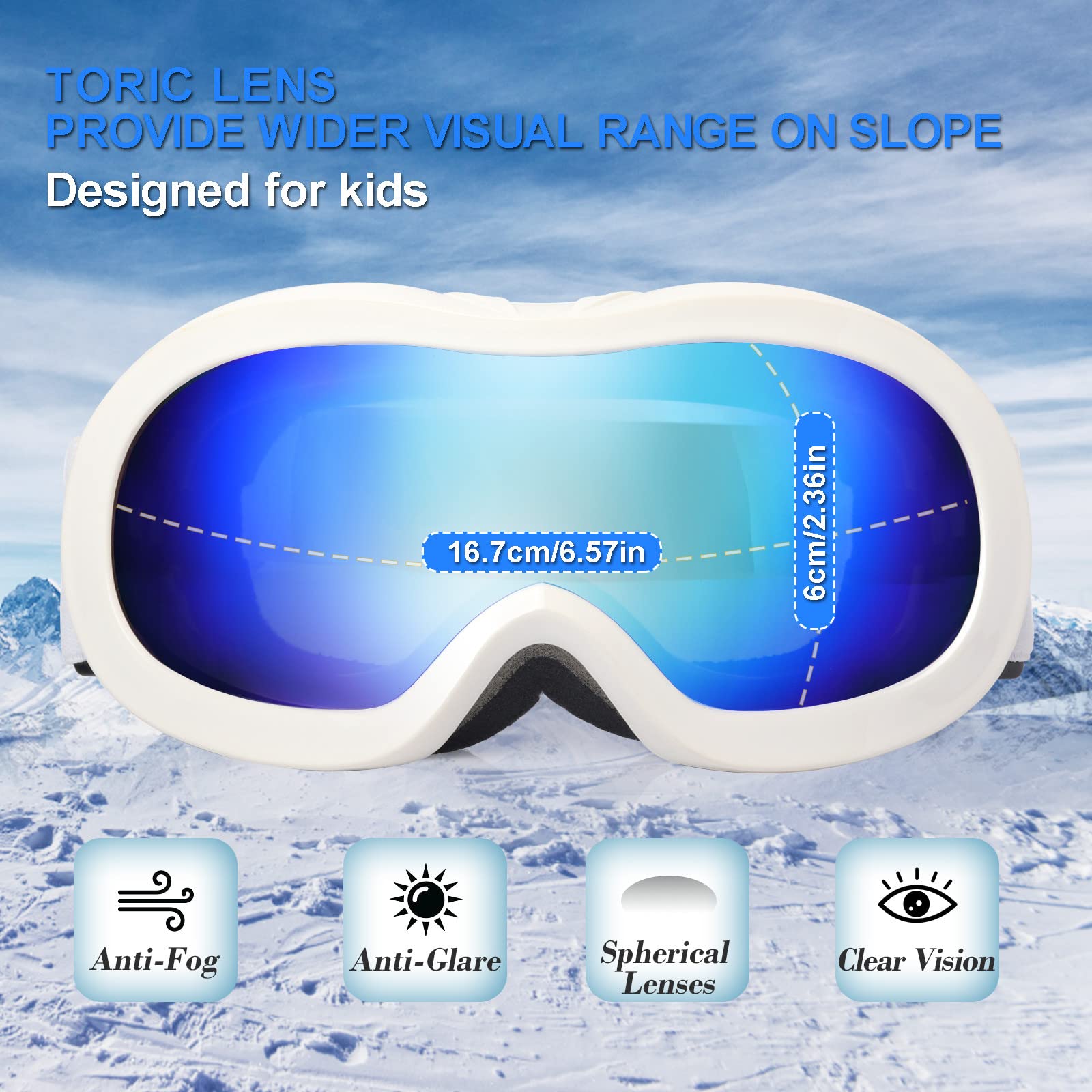 EXP VISION Ski Goggles Anti-Fog Child Snowboard Goggles with UV Protection, Over The Glasses Snow Goggles for Adult Kids (Blue Set)