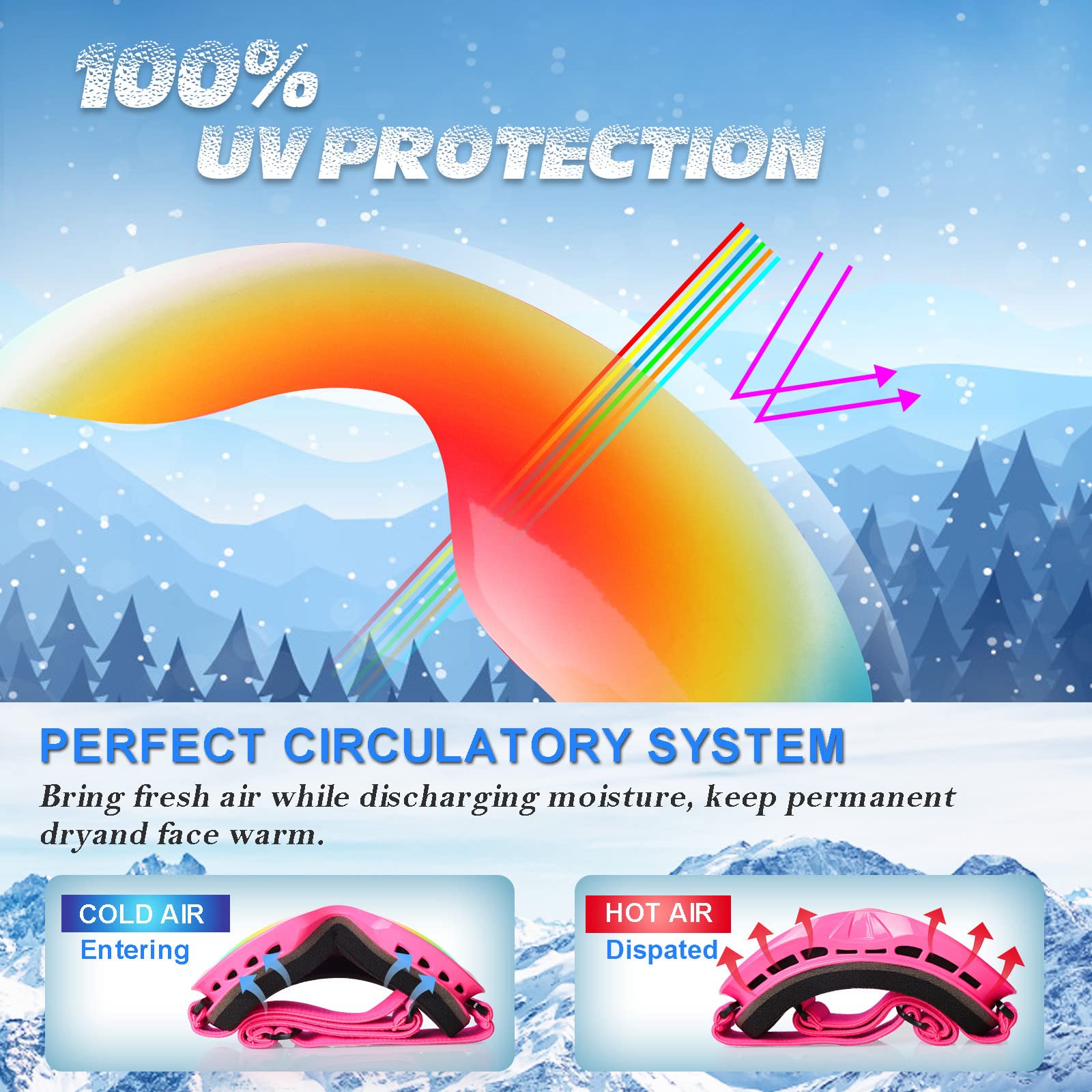 EXP VISION Ski Goggles Anti-Fog Child Snowboard Goggles with UV Protection, Over The Glasses Snow Goggles for Adult Kids