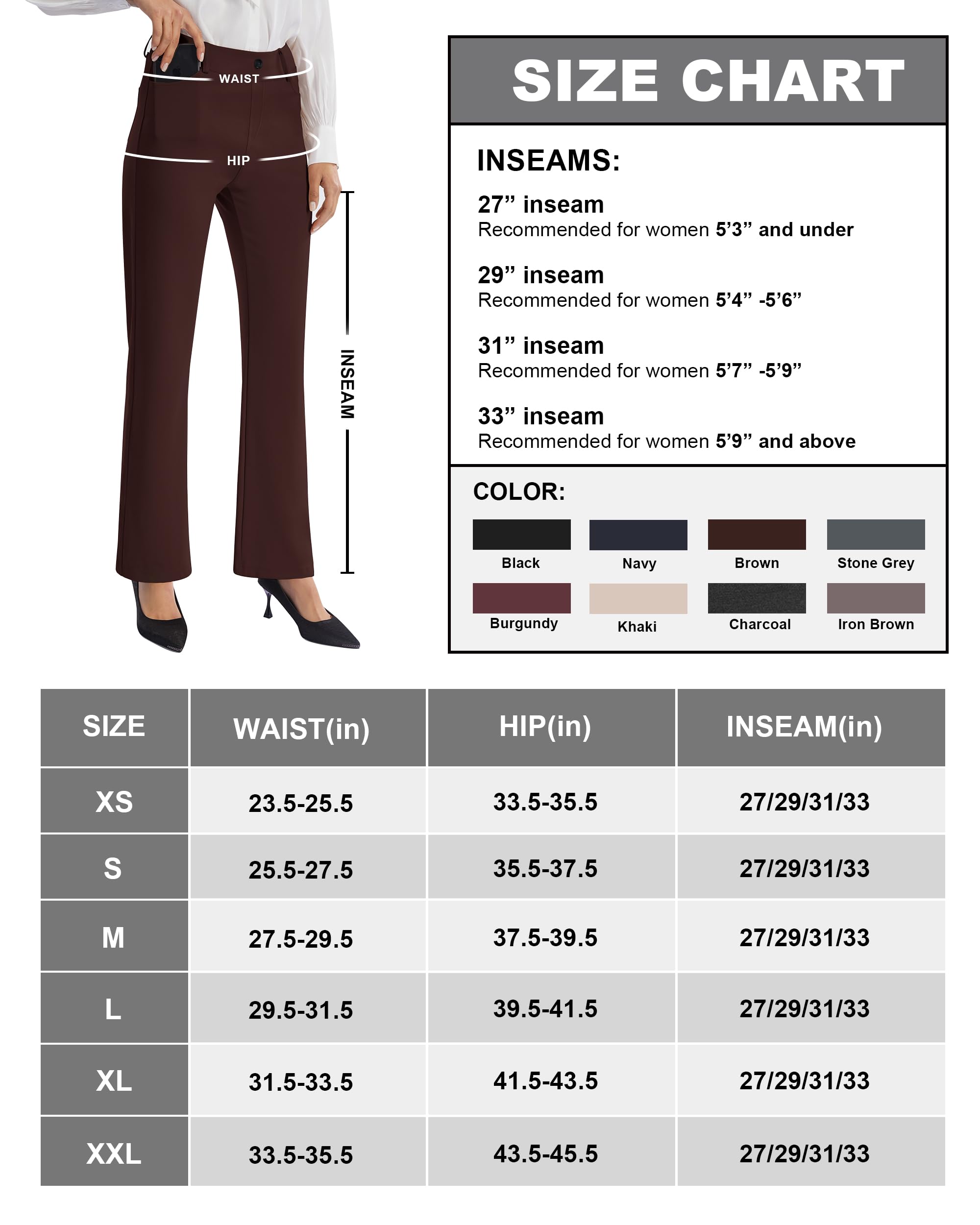 AFITNE Women's Yoga Dress Pants Stretchy Straight Leg Bootcut Work Travel Pants Business Office Casual Slacks with Pockets 29" Brown, S