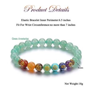 VadiForest Natural 8mm 7 Chakra Stone Crystal Bracelet Reiki Green Aventurine Crystal Gemstone Beads Men Women Stretch Bracelet for Meditation