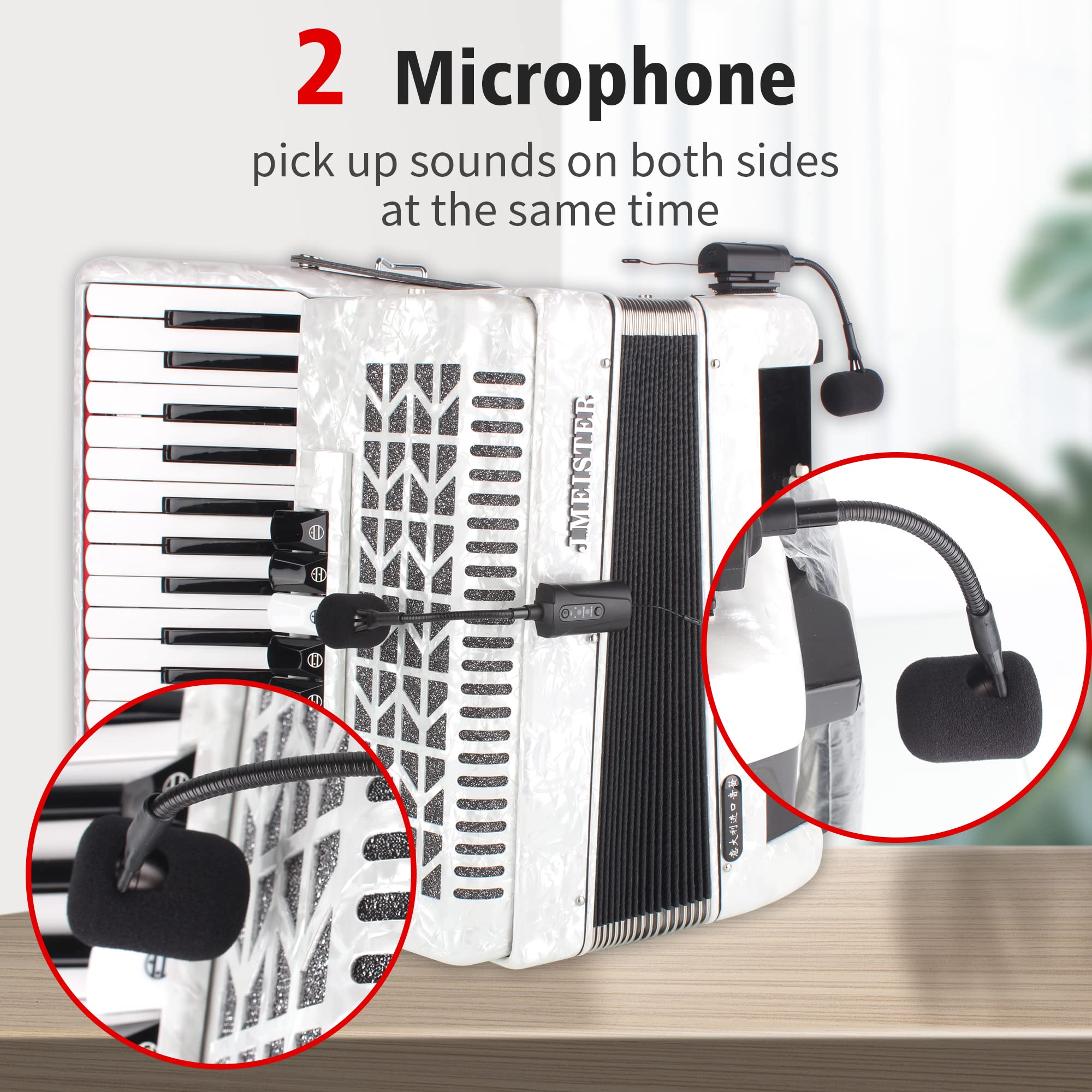 MAMKOES Accordion Wireless Microphone with 2 Transmitter Q2/AT-5A Piano Accordion Pickup with Gooseneck Mic Wireless Receiver & 2 Transmitter Microphone System Designed for Accordion