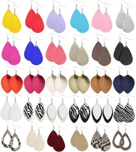 gushu 28 pairs leather earrings for women sets drop leather earrings multipack colorful leaf teardrop dangle earrings bulk for women double-side printed