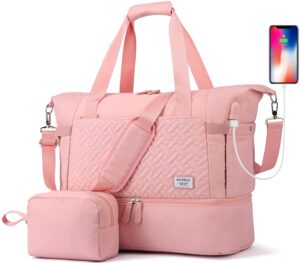 travel bags for women, weekender bag with shoe compartment, gym tote bags with usb charging port,overnight duffle bag with trolley sleeve, pink