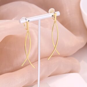 CLASSYZINT Gold Soft Clip On Earrings,2 Pieces Thin Curved Metal Bar, Gold Plated Simple Long Dangle Earrings For Women