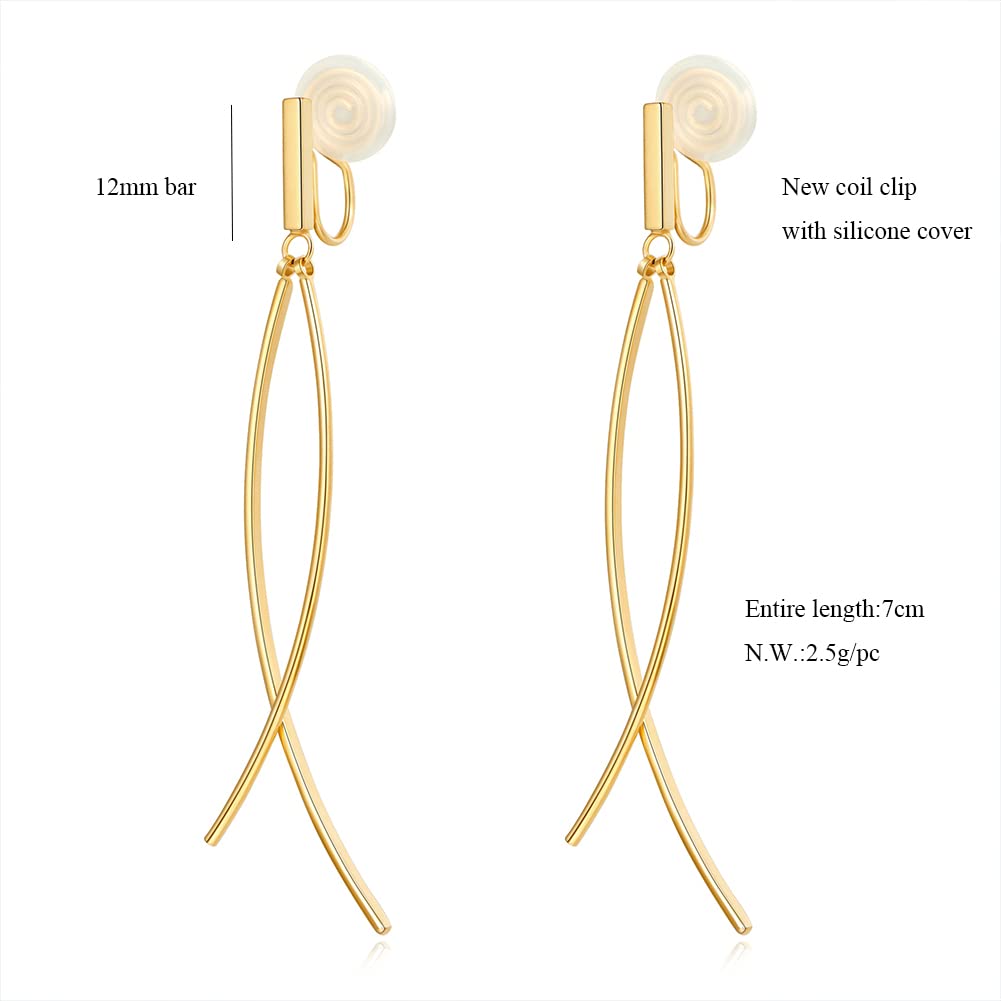 CLASSYZINT Gold Soft Clip On Earrings,2 Pieces Thin Curved Metal Bar, Gold Plated Simple Long Dangle Earrings For Women