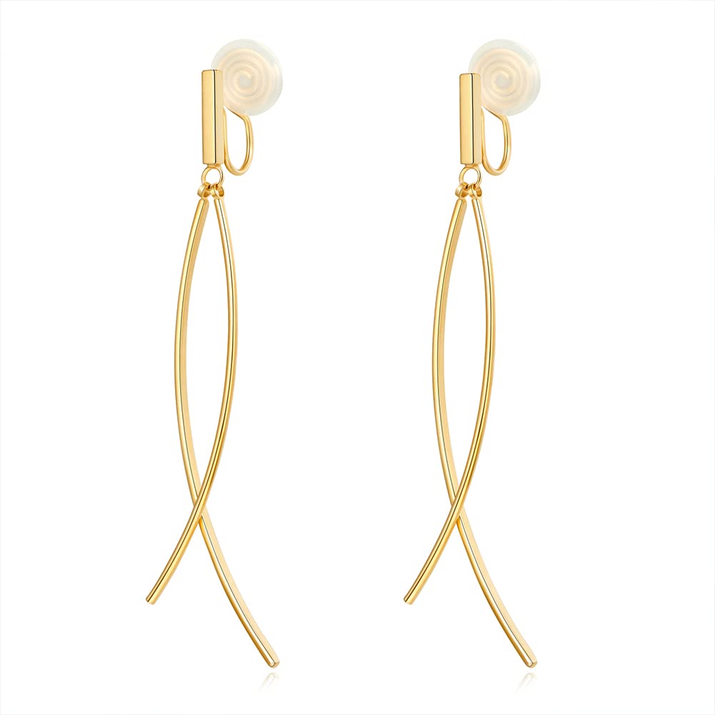 CLASSYZINT Gold Soft Clip On Earrings,2 Pieces Thin Curved Metal Bar, Gold Plated Simple Long Dangle Earrings For Women