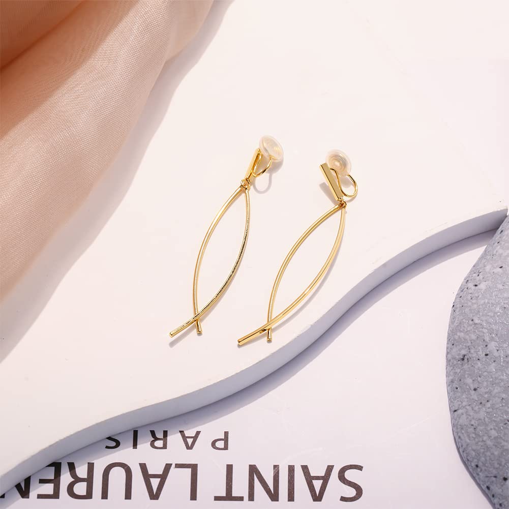 CLASSYZINT Gold Soft Clip On Earrings,2 Pieces Thin Curved Metal Bar, Gold Plated Simple Long Dangle Earrings For Women