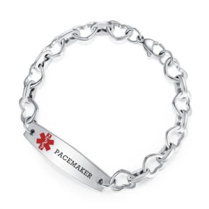 mnmoom 7 1/2 in heart medical alert bracelets for women stainless steel id bracelets with free custom engraving (silver/pacemaker)