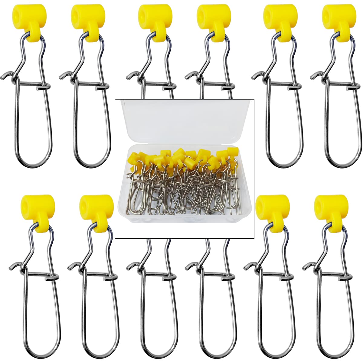 Tenalleys 40Pcs Stainless Steel Fishing Line Sinker Slides Catfishing Rig with Duo Lock Snaps Heavy Duty Sinker Slider Swivel Snap Kit for Fishing Tackle (Yellow)