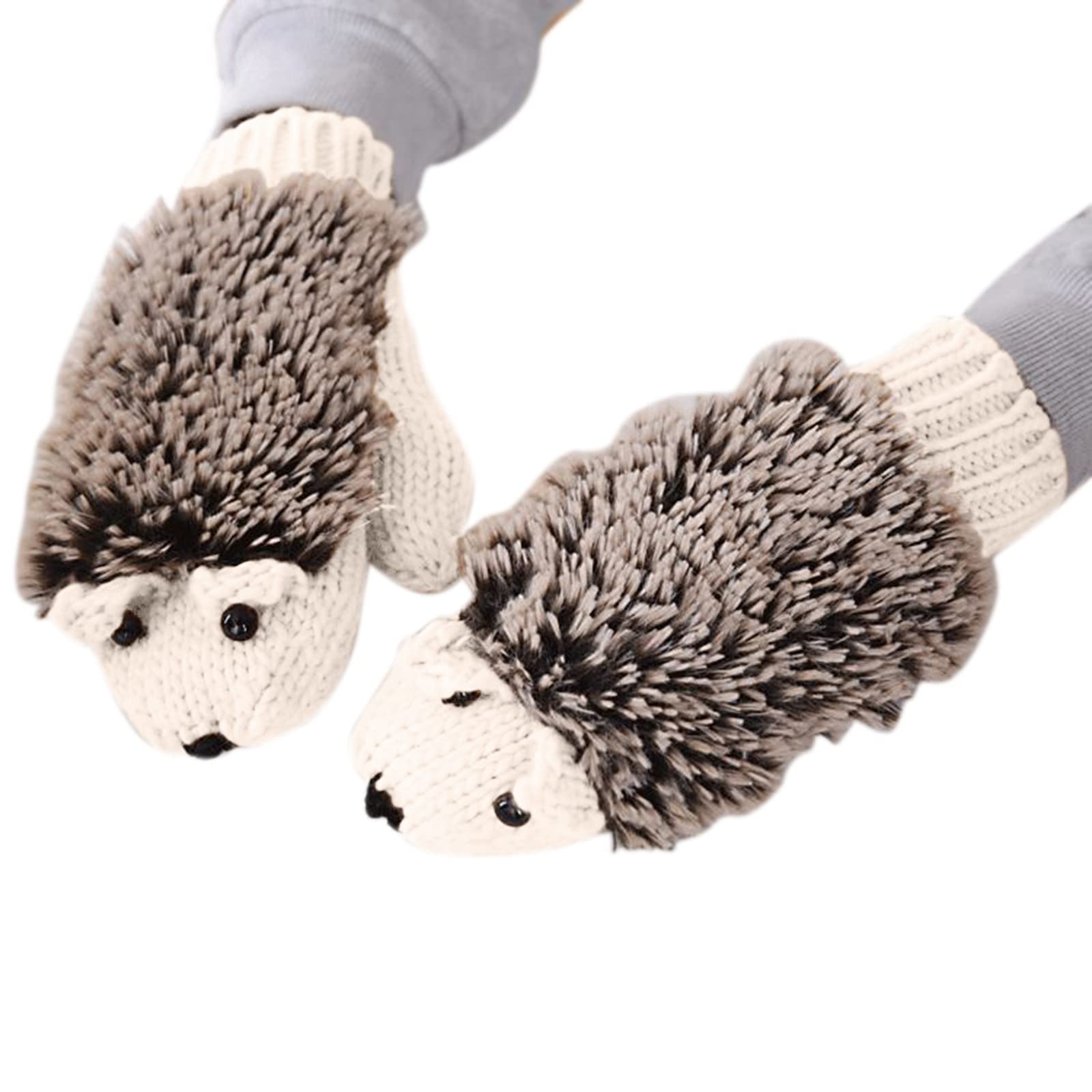 Women's Knitted Warm Mittens Cute Cartoon Animal Gloves Winter Fleece Thicken Gloves (White, One Size)