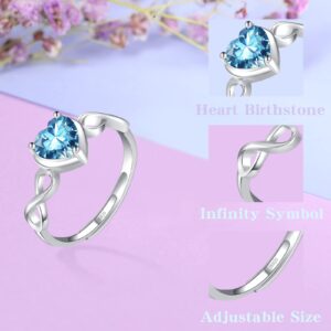 Shysnow Aquamarine Birthstone March Ring for Women Infinity Promise Ring 925 Sterling Silver Adjustable Open Light Blue Heart Cubic Zirconia Dainty Simulated Gemstone Wedding Rings for Mothers