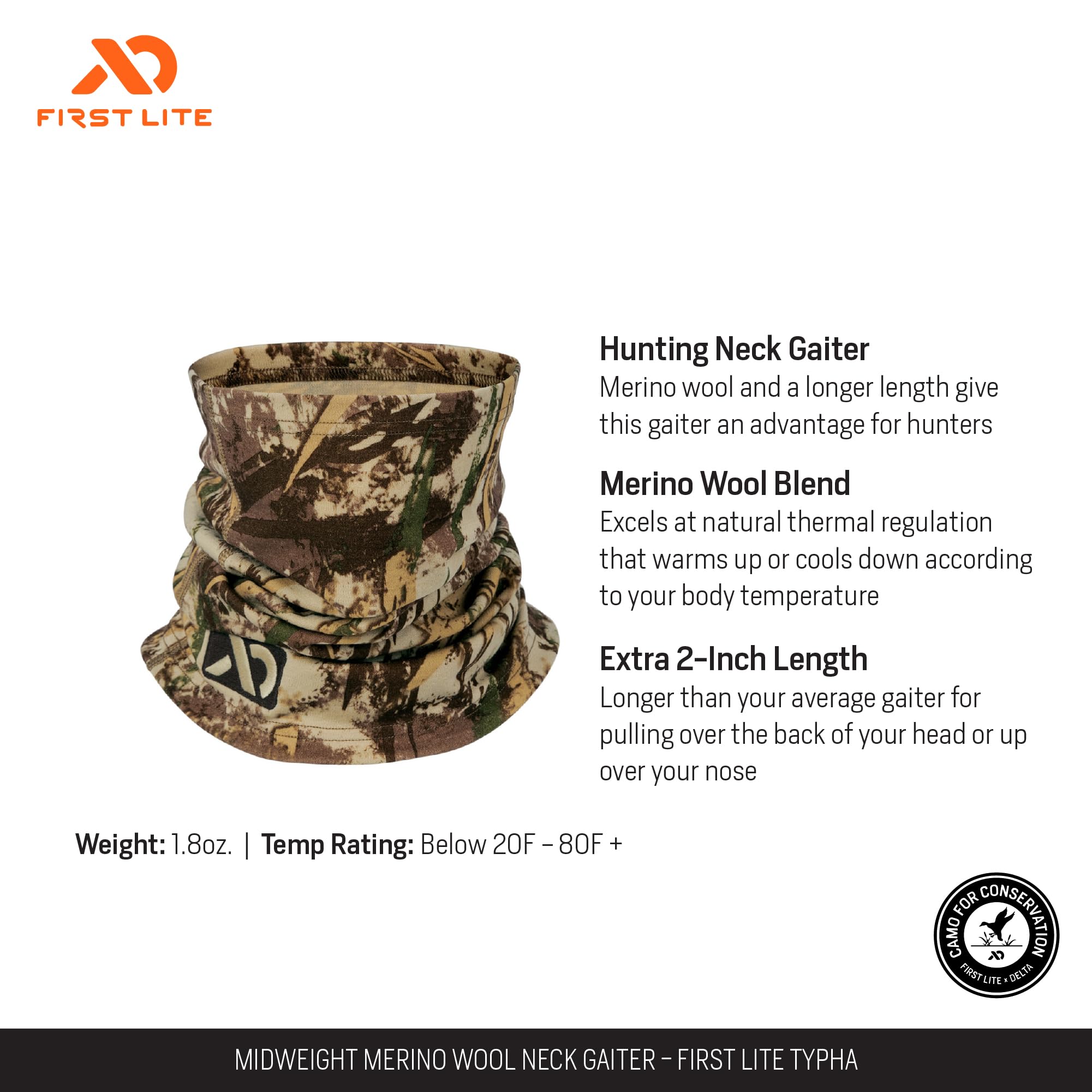 First Lite Midweight Merino Wool Neck Gaiter - Warm Camo Hunting Face Mask - First Lite Typha - One Size