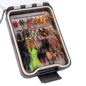 ansnbo 36 pcs fly fishing flies kit, hand tied trout bass fly assortment with fly box, dry wet nymph flies streamers fly fishing gear