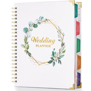 wedding planner - wedding planner book and organizer for the bride with 5 tabbed sections, 12" x 9", hardcover with metal corner + 5 inner pockets + sticker + elastic closure band