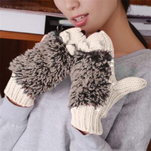 Women's Knitted Warm Mittens Cute Cartoon Animal Gloves Winter Fleece Thicken Gloves (White, One Size)