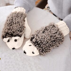 Women's Knitted Warm Mittens Cute Cartoon Animal Gloves Winter Fleece Thicken Gloves (White, One Size)