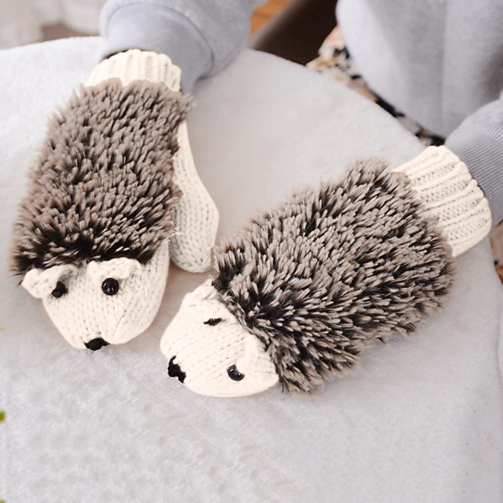 Women's Knitted Warm Mittens Cute Cartoon Animal Gloves Winter Fleece Thicken Gloves (White, One Size)