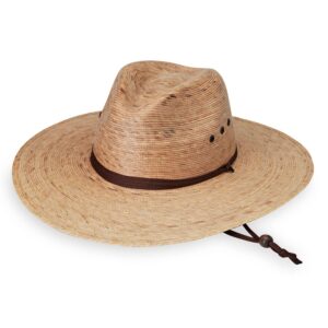 wallaroo hat company men’s baja fedora – natural wide brim straw hat with chin strap and upf 50+ sun protection – sun-smart straw hat for gardening, travel and casual outings (medium/large, camel)