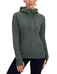 crz yoga women's full zip hooded sweatshirts workout sweat jackets slim fit running track hoodies with thumbholes grey sage medium