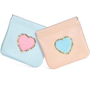 byxepa coin purse 2 pack change purses small pu leather cosmetic bag pocket heart makeup organizer cute portable waterproof jewelry travel case for women (pink + blue)