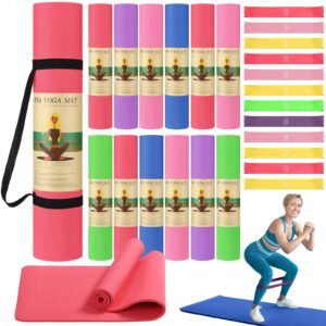 hoolerry 36 pcs thick yoga mats set includes 12 pcs 68” x 24” x 6mm thick exercise mat 12 pcs resistance bands 12 pcs carrying straps yoga mats in bulk for gym workout(bright colors)