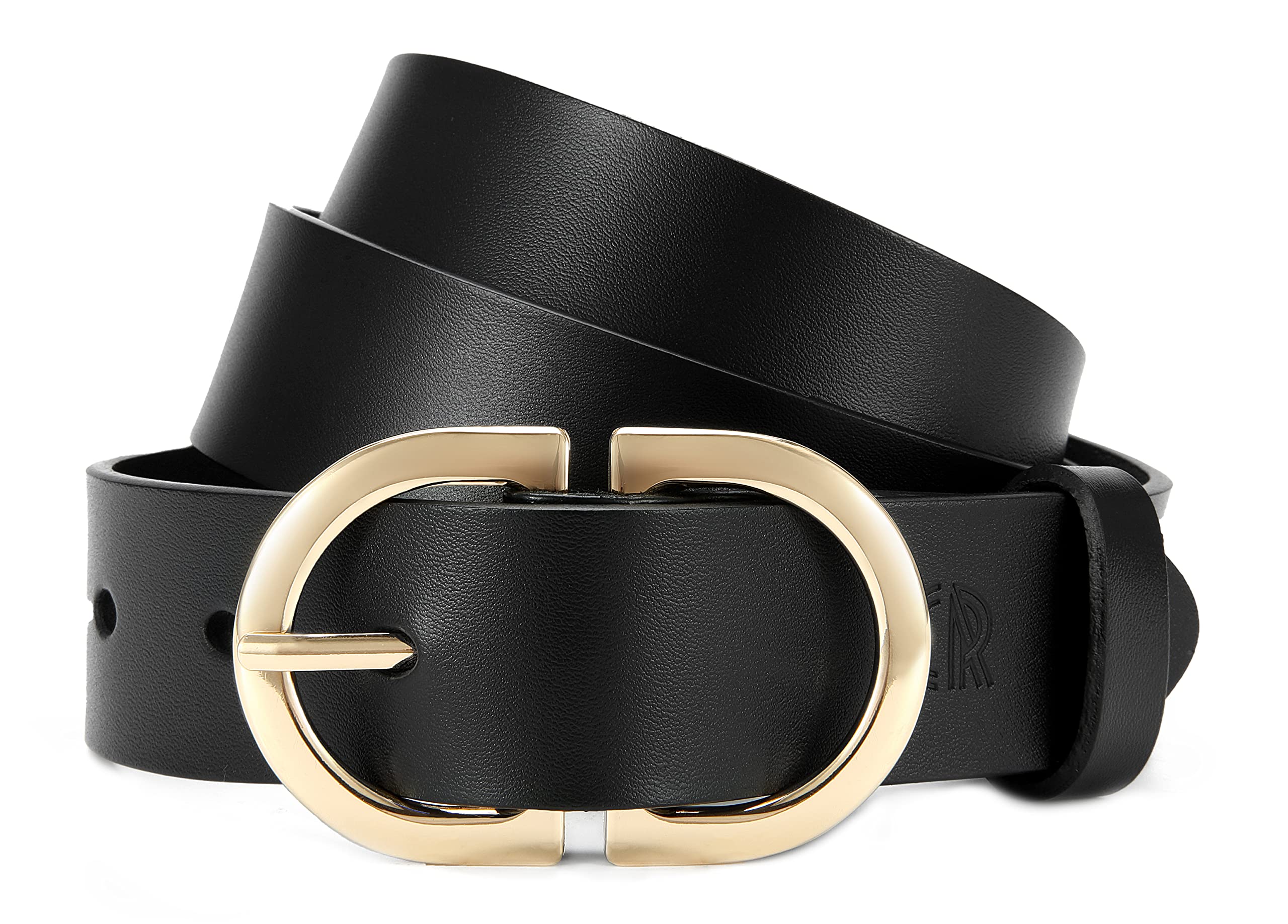 CR Womens Black Leather Belts for Jeans Pants - 1.3" Width Casual Ladies Belt - Fashion Center Bar Gold Buckle