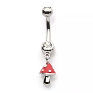 pierced owl 14ga 316l stainless steel cz crystal with dangling red enamel mushroom belly button ring