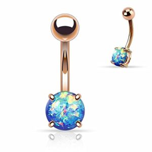 14g prong set blue opal rose gold steel navel barbell belly button ring jewelry style 88888-663