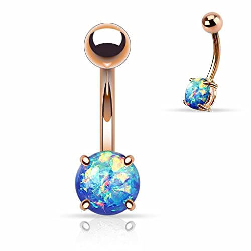 14G PRONG SET BLUE OPAL ROSE GOLD STEEL NAVEL BARBELL BELLY BUTTON RING JEWELRY Style 88888-663