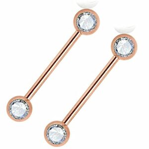 pair 14g 5/8" rose gold double gem steel nipplering piercing barbell nipple ring style 88888-1096