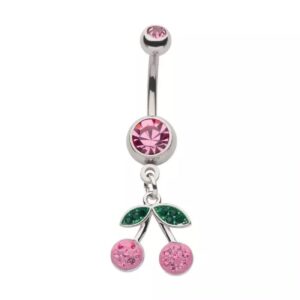 pierced owl 14ga 316l stainless steel cz crystal pink cherry dangling belly button ring