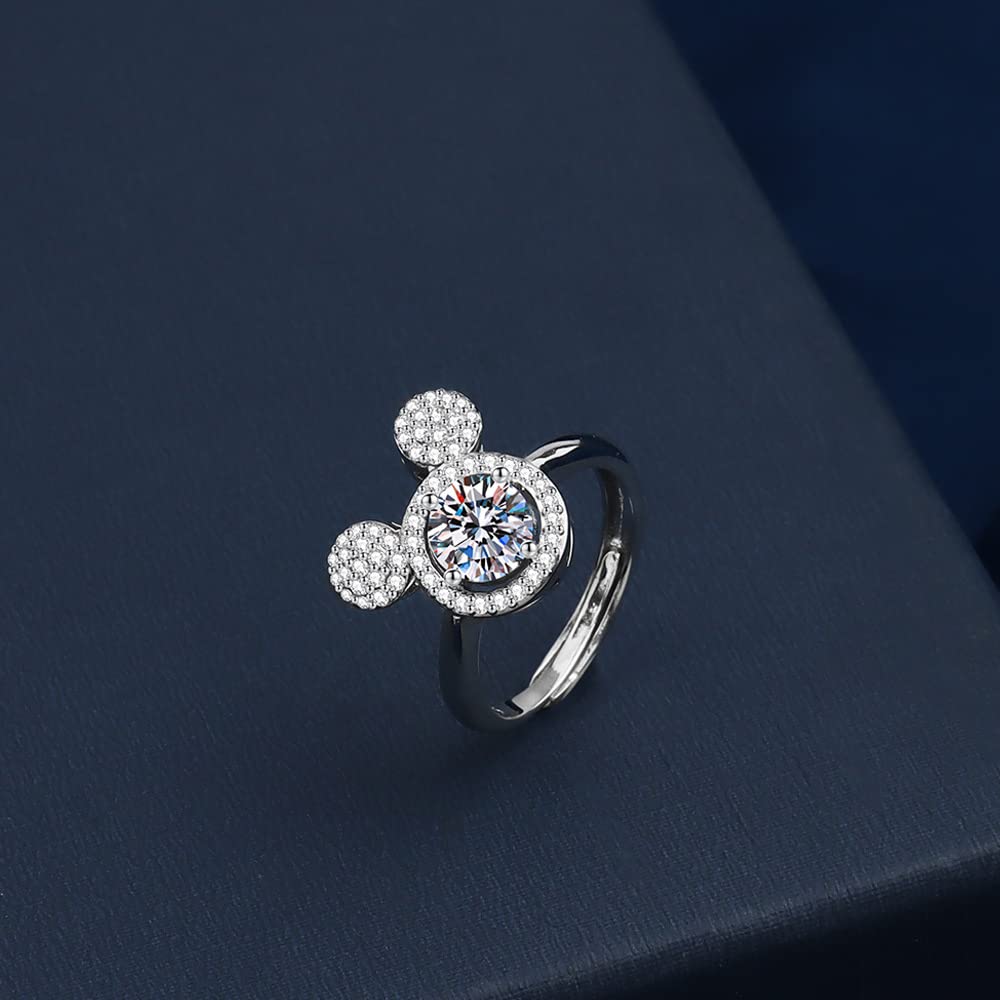 Halo CZ Mouse Statement Ring for Women Girls Silver Plated Cubic Zirconia Cute Mice Animal Promise Adjustable Expandable Finger Band Ring Comfort Fit Dainty Christmas Birthday Party Jewelry Gift