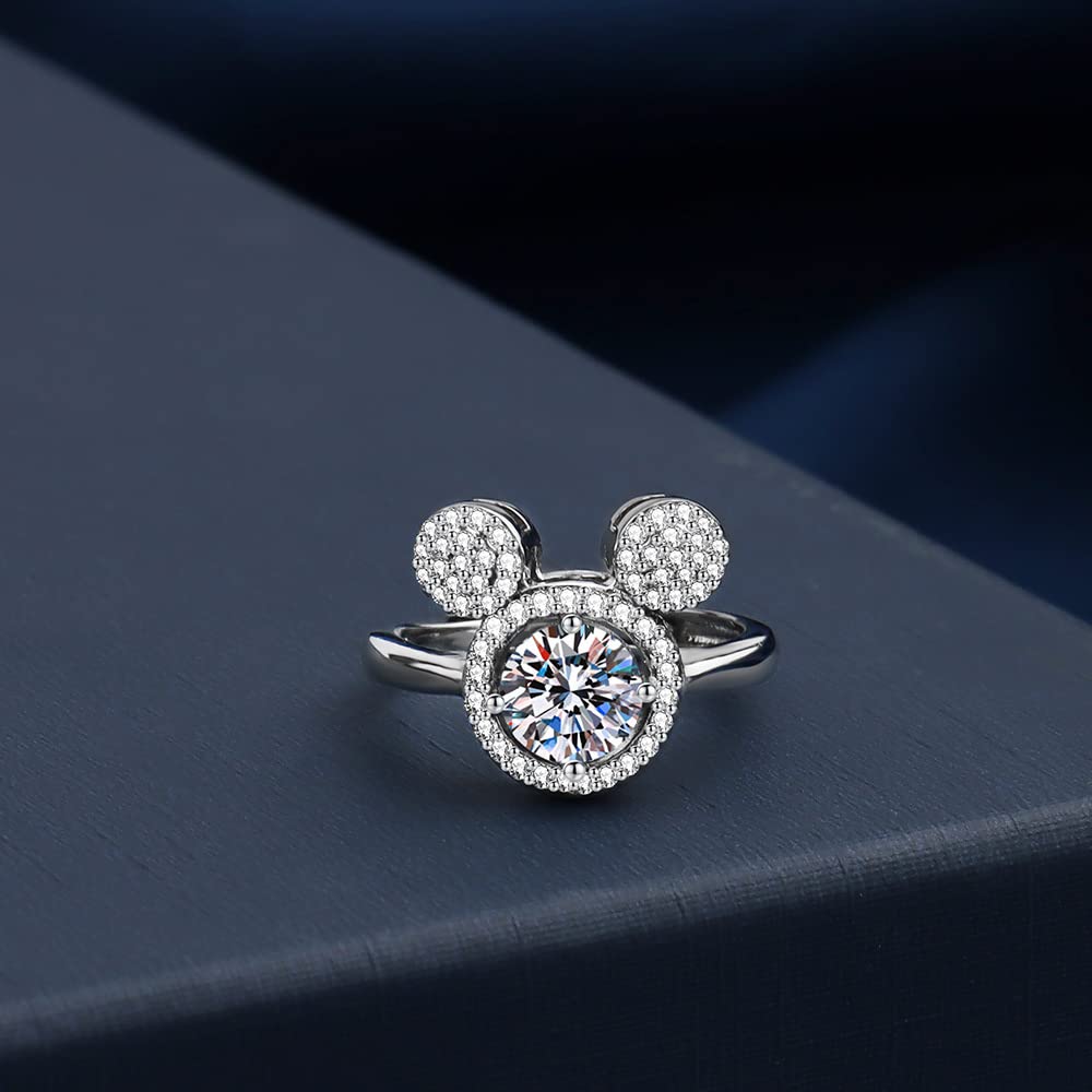 Halo CZ Mouse Statement Ring for Women Girls Silver Plated Cubic Zirconia Cute Mice Animal Promise Adjustable Expandable Finger Band Ring Comfort Fit Dainty Christmas Birthday Party Jewelry Gift