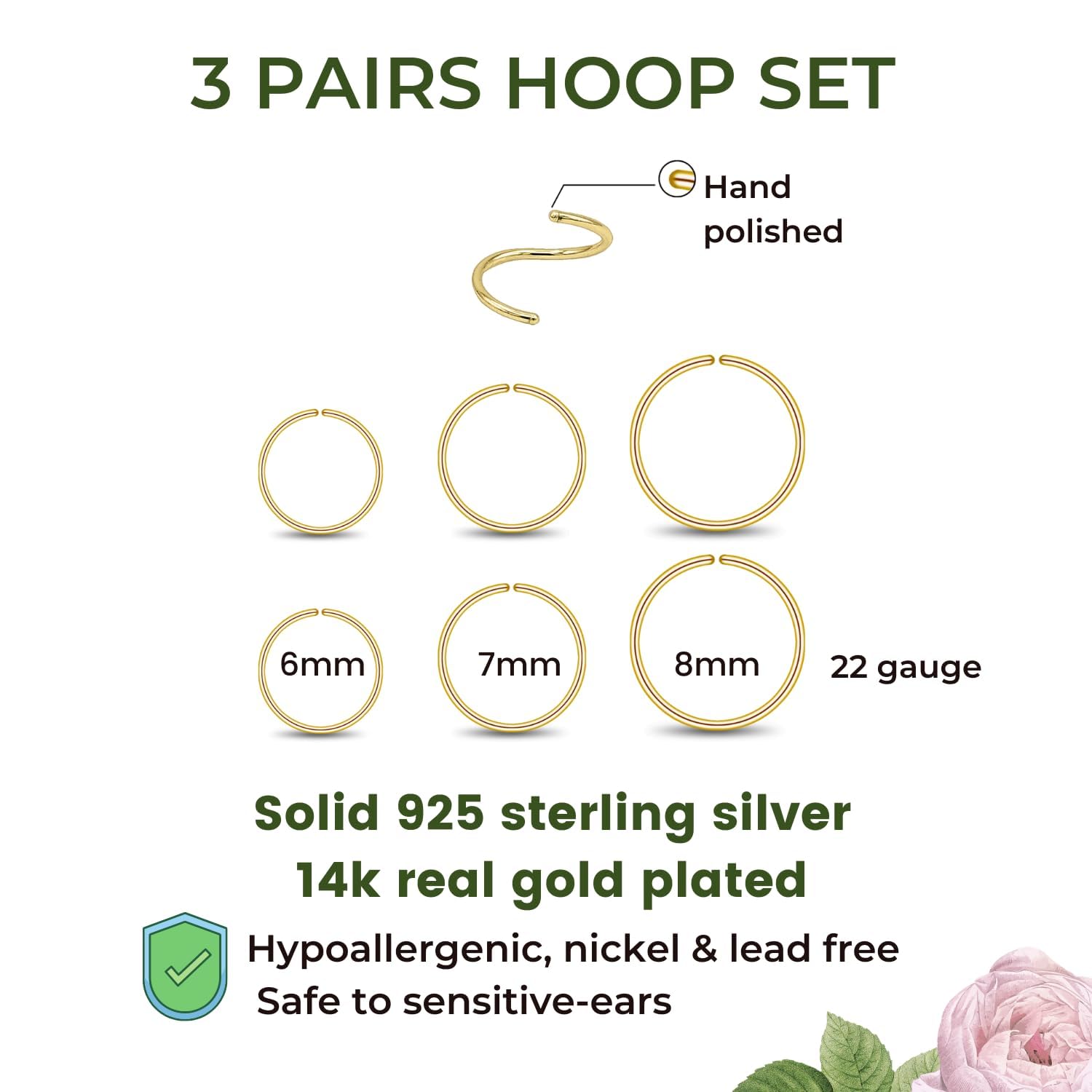 3 Pairs 14k Gold Plated Sterling Silver Small Hoop Earrings Set for Women Cartilage Nose Septum Helix Tragus Rings Multiple Piercing Jewelry, Hypoallergenic Thin Tiny Gold Hoops 6mm 7mm 8mm