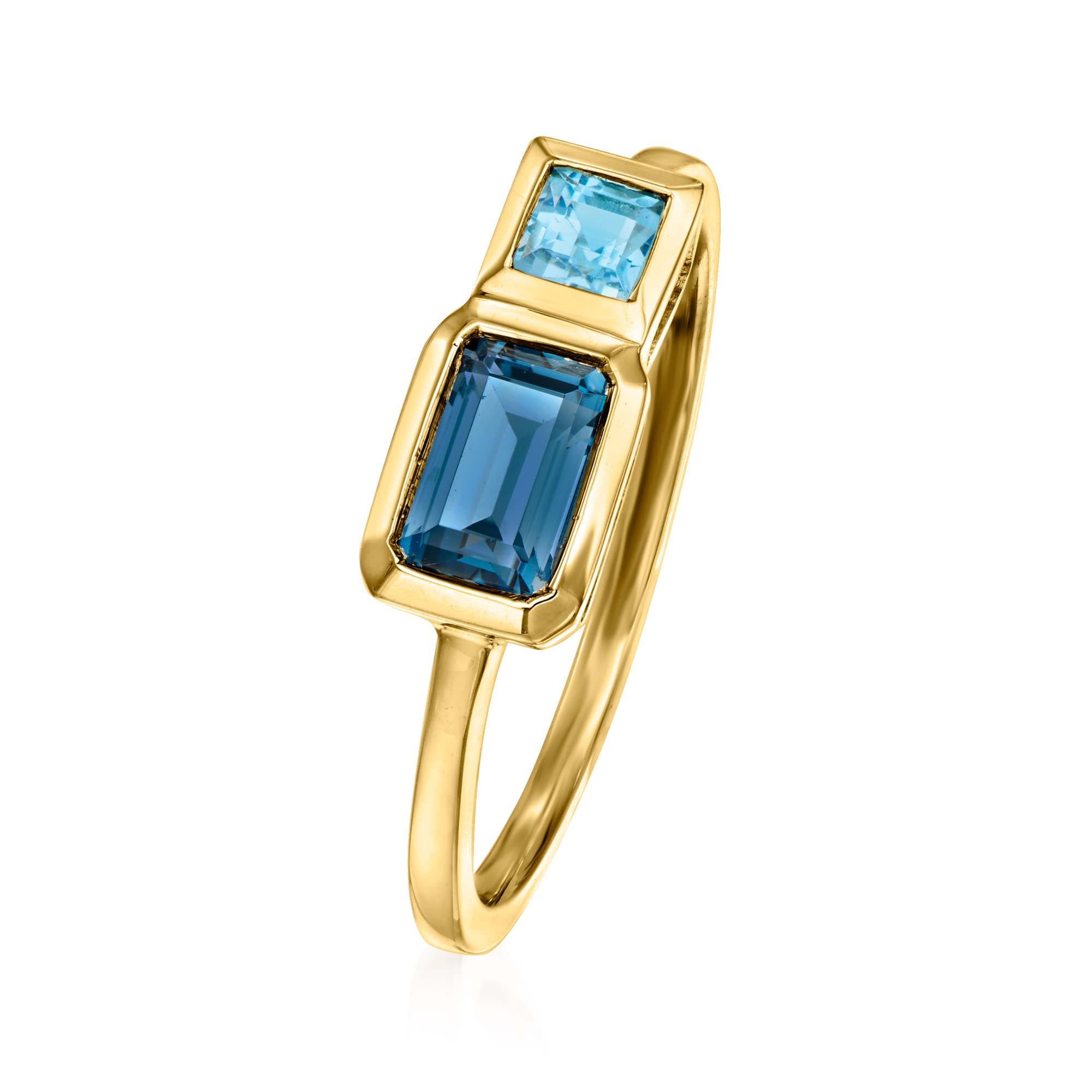 RS Pure by Ross-Simons 0.90 ct. t.w. London and Swiss Blue Topaz Toi Et Moi Ring in 14kt Yellow Gold. Size 8