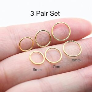 3 Pairs 14k Gold Plated Sterling Silver Small Hoop Earrings Set for Women Cartilage Nose Septum Helix Tragus Rings Multiple Piercing Jewelry, Hypoallergenic Thin Tiny Gold Hoops 6mm 7mm 8mm