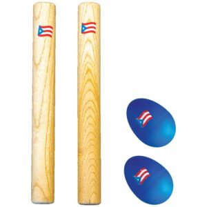 hand percussion musical instrument set puerto rico flag - include: 1 pair 8 inch rhythm sticks wood claves and 1 pair egg shakers (blue),(5d2-2)