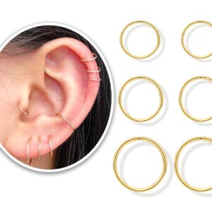 3 Pairs 14k Gold Plated Sterling Silver Small Hoop Earrings Set for Women Cartilage Nose Septum Helix Tragus Rings Multiple Piercing Jewelry, Hypoallergenic Thin Tiny Gold Hoops 6mm 7mm 8mm