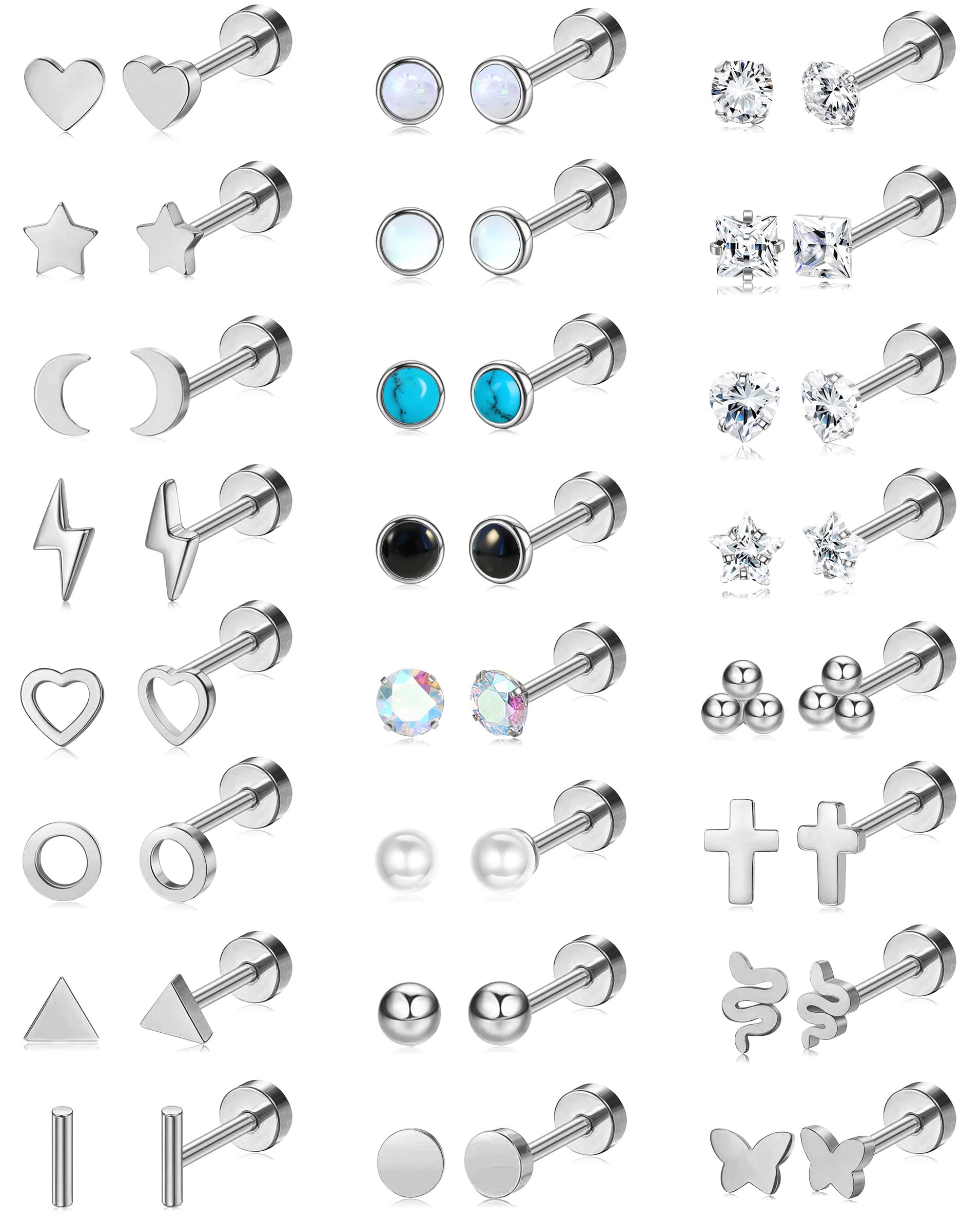 BSJ4U 24 Pairs Stainless Steel Stud Earrings Set for Women Men CZ Heart Butterfly Triangle Cross Circle Bar Moon Star Hypoallergenic Flat Back Earrings 20G Cartilage Helix Earrings Piercing Jewelry,