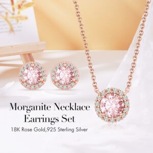 Gloffery 18K Rose Gold Plated 925 Sterling Silver Created-Morganite Round Solitaire Dainty Halo Pendant Necklace and Earrings Set for Women, Sterling Silver, created morganite