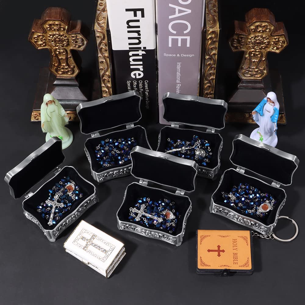 WHLHMK Rosary Beads Catholic for Women With Rosary Box, Blue Crystal Beads Rosary Necklace with Last Supper Vintage Jewelry Box, Anglican Prayer Beads Christian Gifts for Women Catholic Gifts