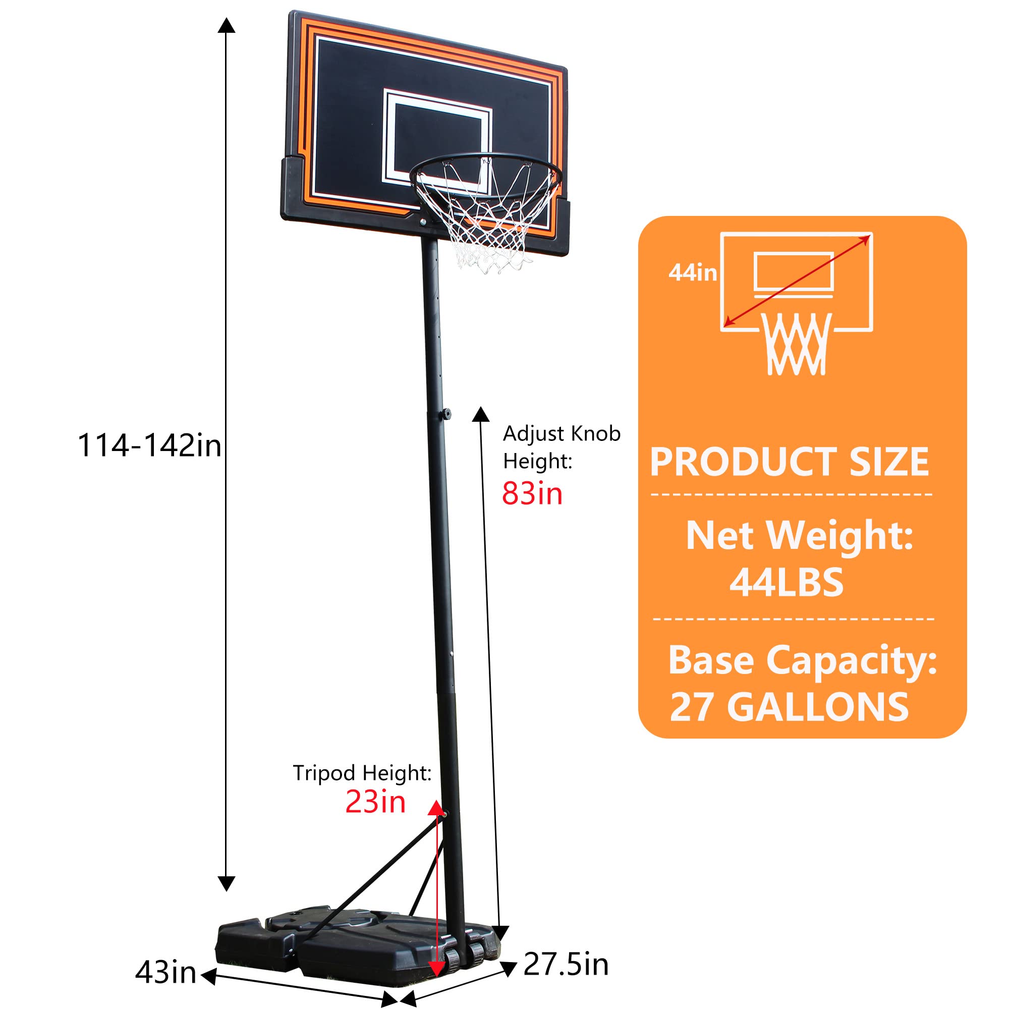 Basketball Hoop Outdoor 7-10FT Adjustable Basketball Goal, 44in Outdoor Basketball Hoop & Goals for Kids, Youth, and Adults in The Backyard with Blackboard & Wheels