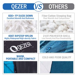 QEZER 0 Degree Sleeping Bag 650 FP Down Sleeping Bag for Adults Backpacking Sleeping Bag with Compression Sack