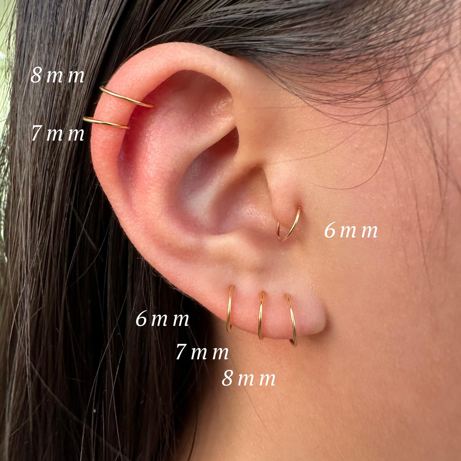 3 Pairs 14k Gold Plated Sterling Silver Small Hoop Earrings Set for Women Cartilage Nose Septum Helix Tragus Rings Multiple Piercing Jewelry, Hypoallergenic Thin Tiny Gold Hoops 6mm 7mm 8mm