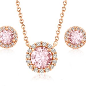 Gloffery 18K Rose Gold Plated 925 Sterling Silver Created-Morganite Round Solitaire Dainty Halo Pendant Necklace and Earrings Set for Women, Sterling Silver, created morganite