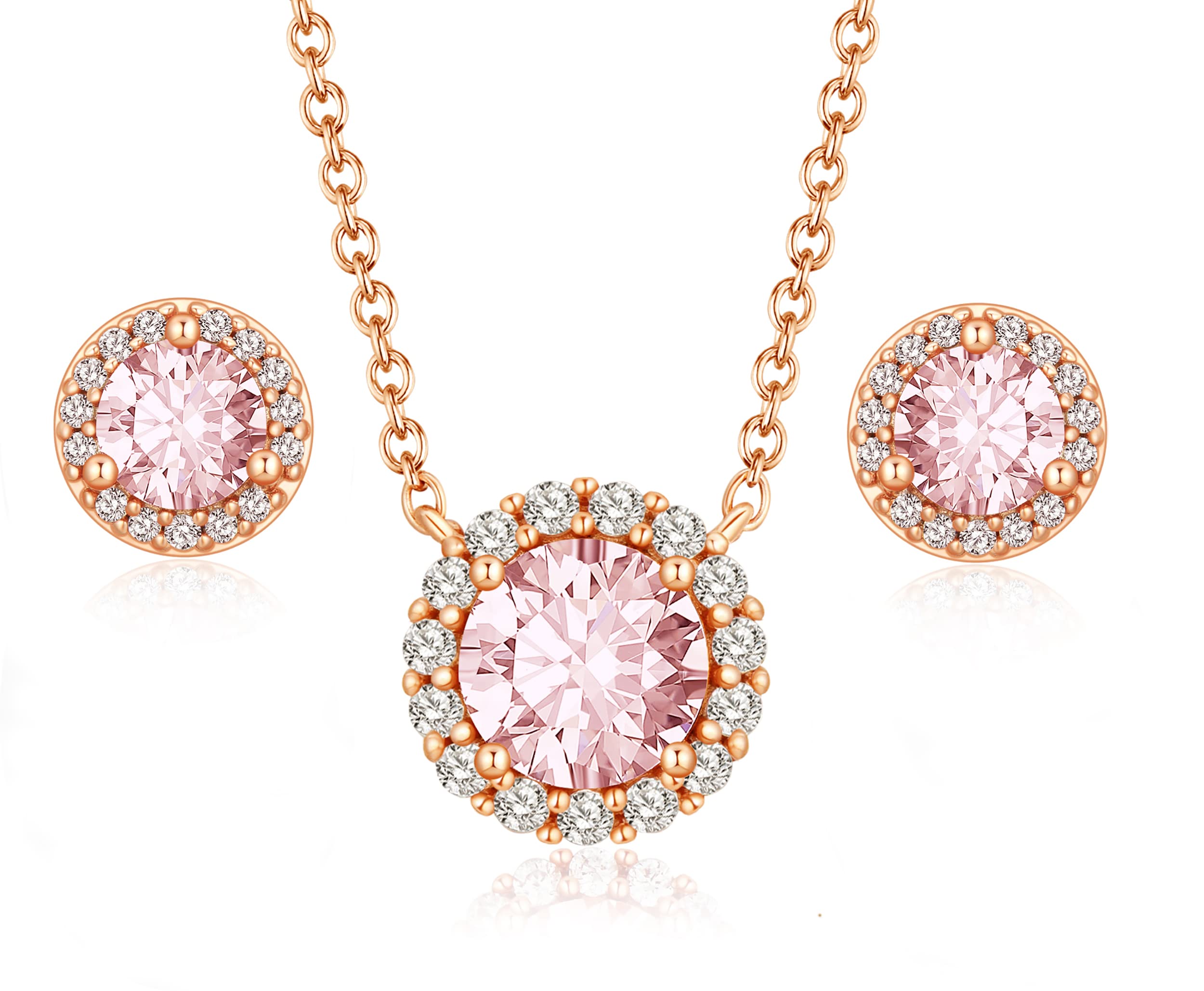 Gloffery 18K Rose Gold Plated 925 Sterling Silver Created-Morganite Round Solitaire Dainty Halo Pendant Necklace and Earrings Set for Women, Sterling Silver, created morganite