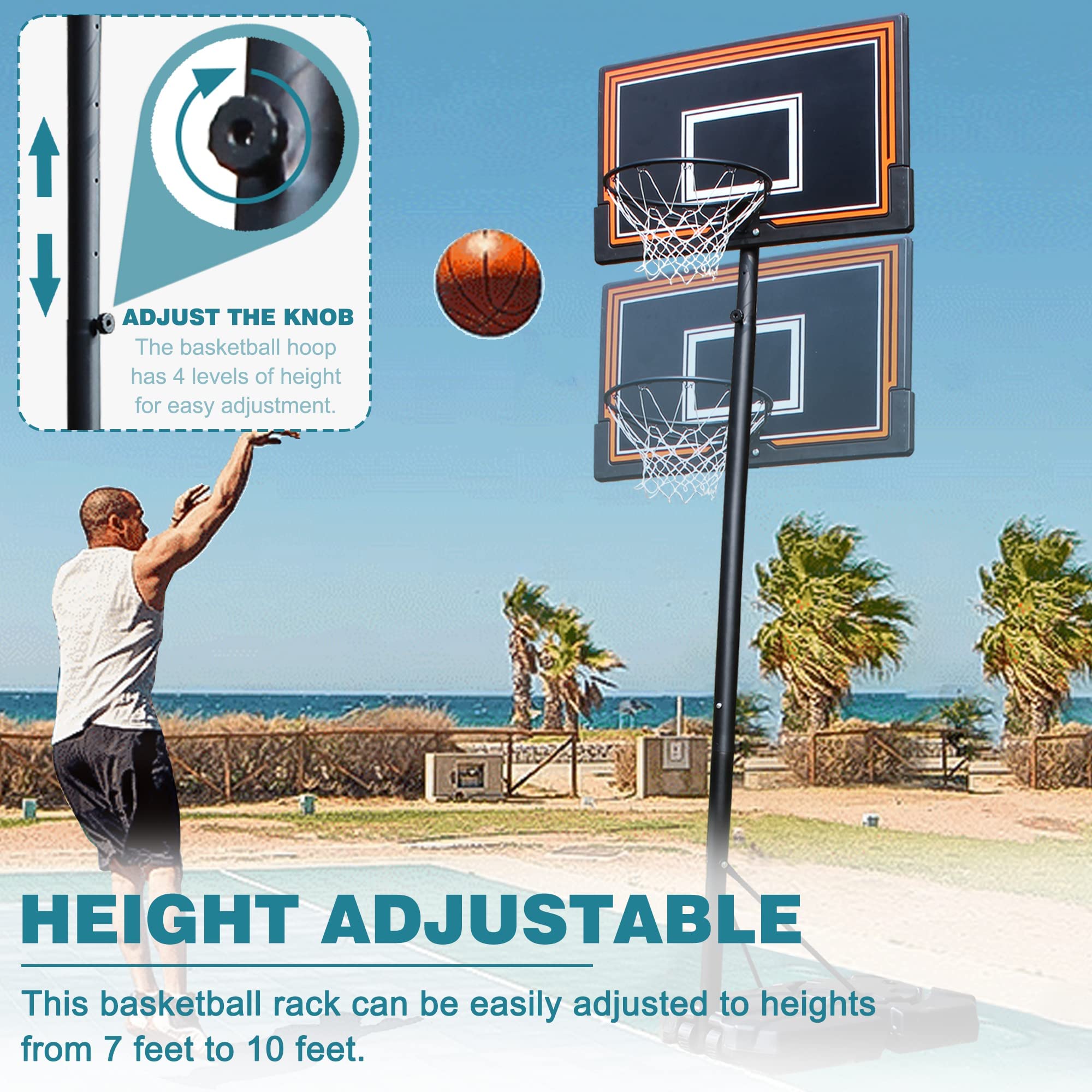 Basketball Hoop Outdoor 7-10FT Adjustable Basketball Goal, 44in Outdoor Basketball Hoop & Goals for Kids, Youth, and Adults in The Backyard with Blackboard & Wheels